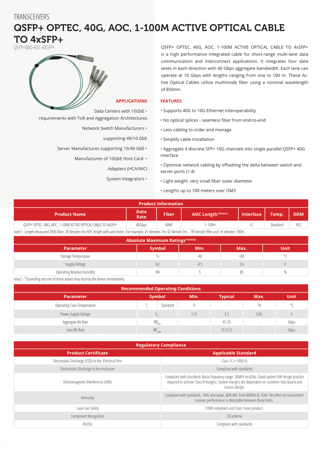 QSFP+ OPTEC, 40G, AOC, 1-100M ACTIVE OPTICAL CABLE TO 4xSFP+ - optec®